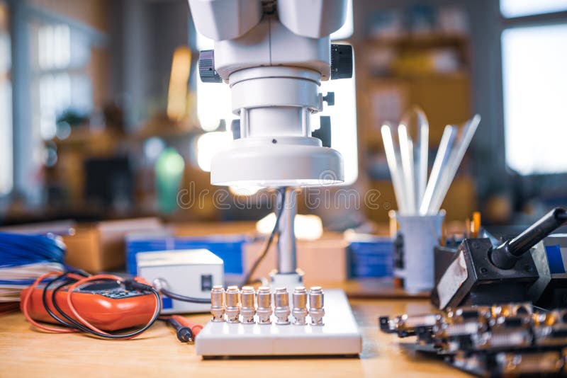 Modern Microscope, Connectors Component and Large Green Microcircuit in ...