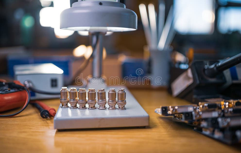 Modern Microscope, Connectors Component and Large Green Microcircuit in ...