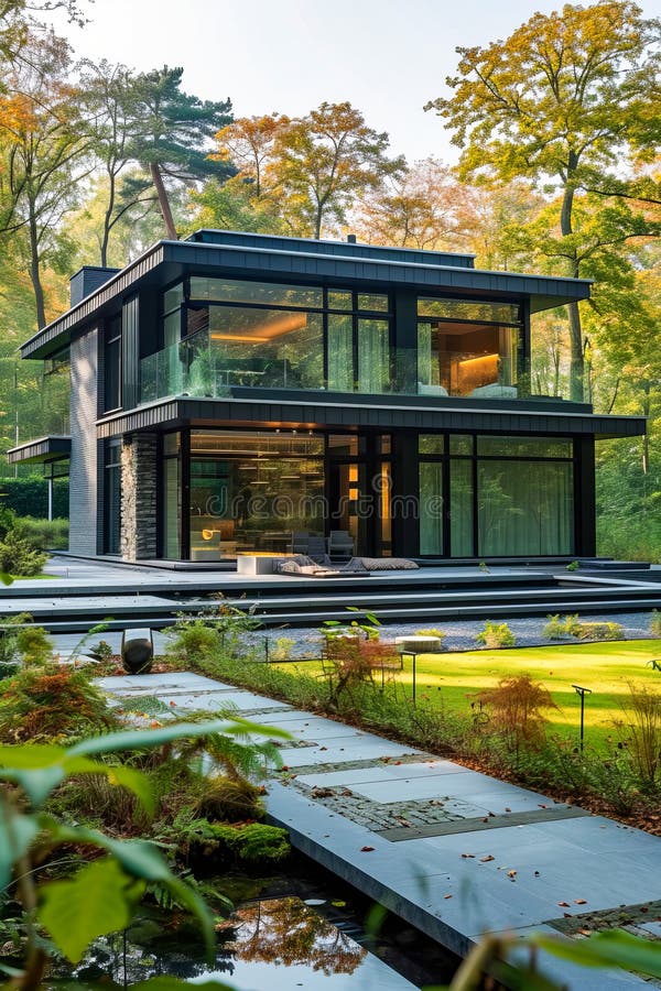 Large Modern House Has Green Backyard with Lots of Windows. Generative ...