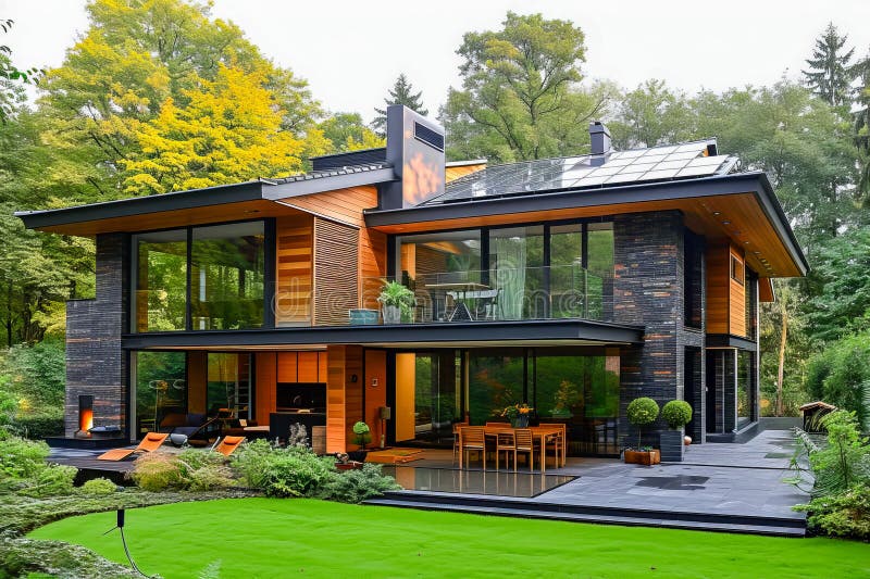 Large Modern House Has Many Windows and Green Lawn. Generative AI Stock ...