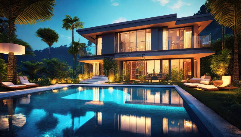 A Large Modern House with Large Windows and a Swimming Pool Stock ... A Large Modern House with Large Windows and a Swimming Pool Stock ...