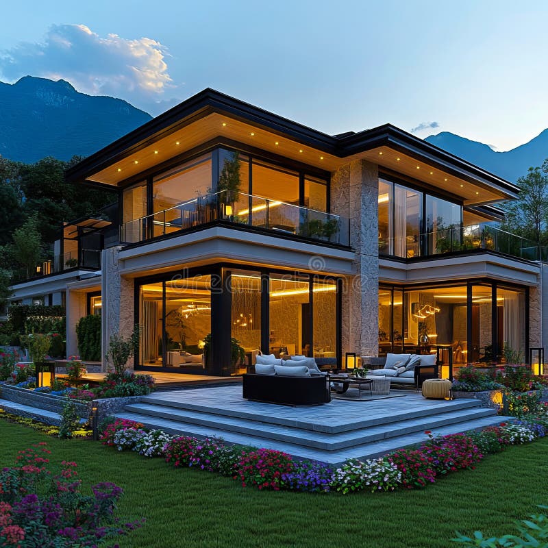 A Large Modern House with a Lot of Windows and a Patio Stock Image ...