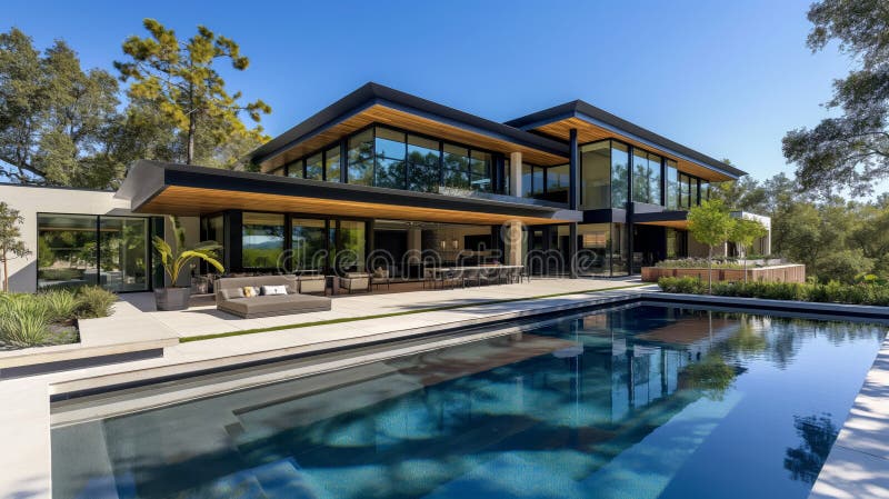 Large Modern House with Pool, Surrounded by Green Landscaping. Stock ...