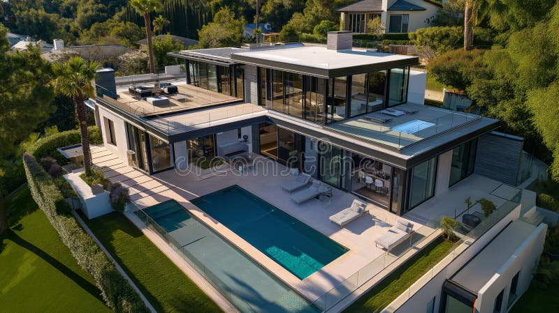 Large Modern House with Pool, Surrounded by Green Landscaping. Stock ...