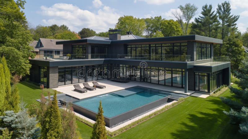 Large Modern House with Pool, Surrounded by Green Landscaping. Stock ...