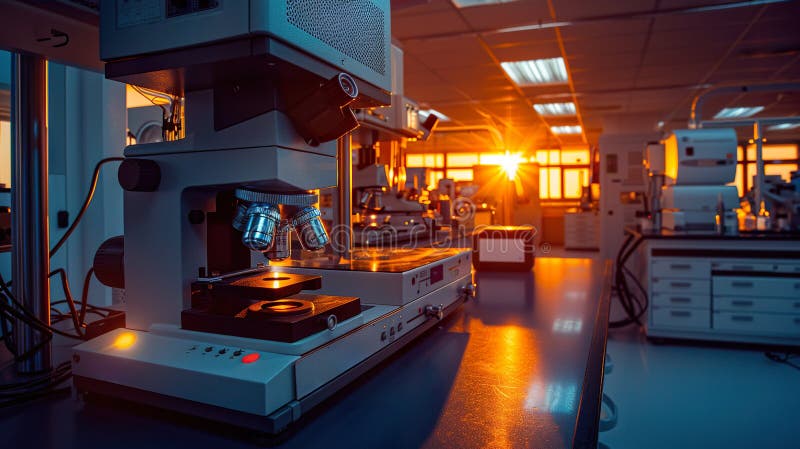 Large, Modern Laboratory, with a Modern Microscope in the Foreground ...