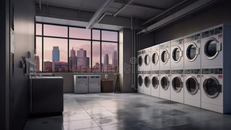 Large Modern Laundry Room with Plenty of Washing Machines, Dryers ...