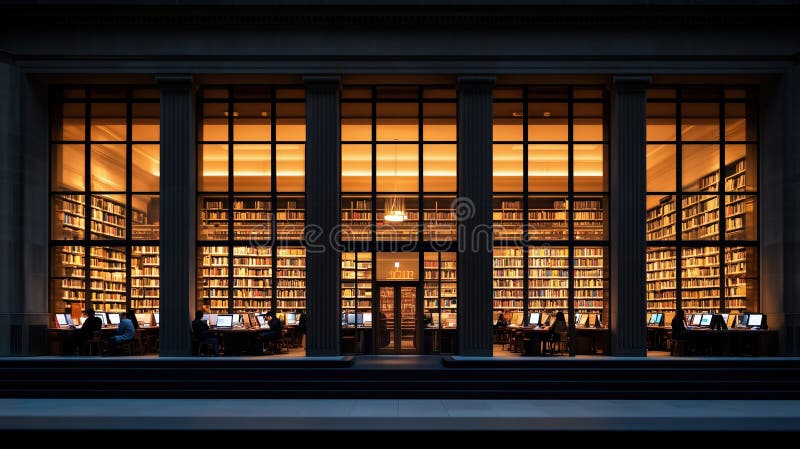 Modern Library Interior with People Using Computers and Bookshelves ...