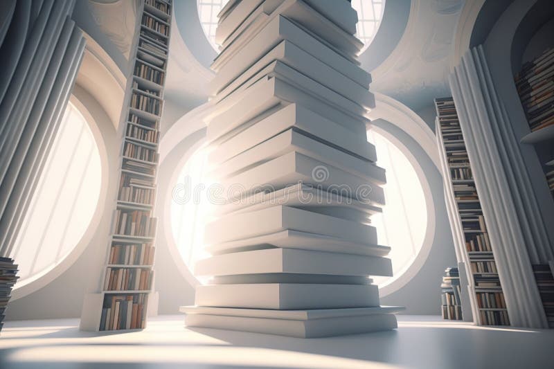 A Large Modern Library with Stack of Books with Sunlight, Bookshelf ...