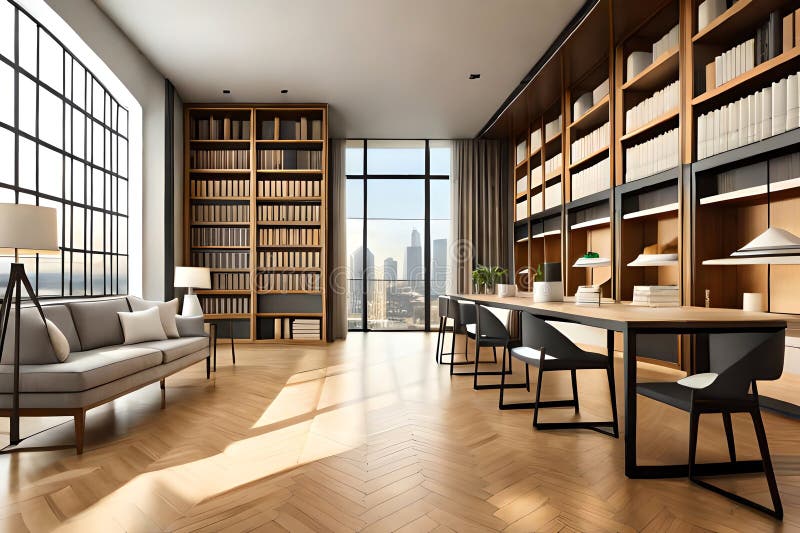 A Large Modern Library with Stack of Books with Sunlight, Bookshelf in ...