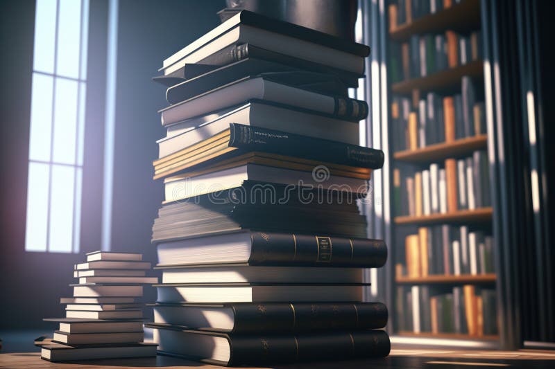 A Large Modern Library with Stack of Books with Sunlight Stock ...