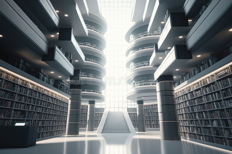 A Large Modern Library with Stack of Books with Sunlight Stock ...