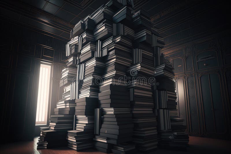 A Large Modern Library with Stack of Books with Sunlight Stock ...