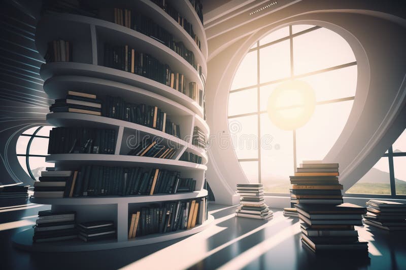 A Large Modern Library with Stack of Books with Sunlight Stock ...
