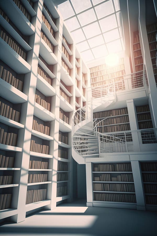 A Large Modern Library with Stack of Books with Sunlight Stock ...