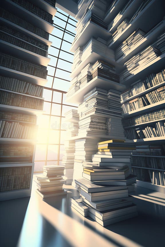 A Large Modern Library with Stack of Books with Sunlight Stock ...
