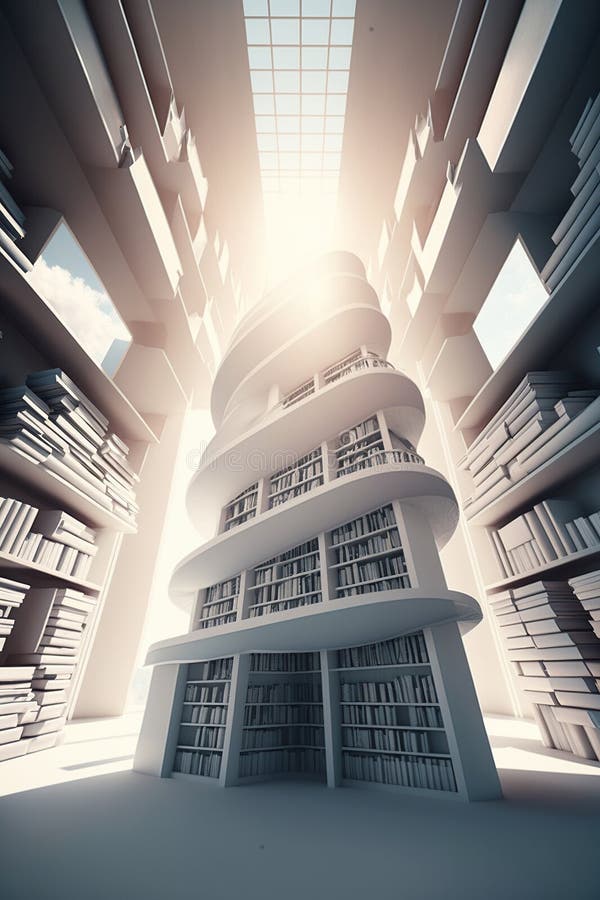 A Large Modern Library with Stack of Books with Sunlight, Stock ...