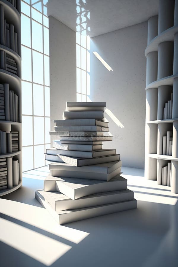 A Large Modern Library with Stack of Books with Sunlight Stock ...