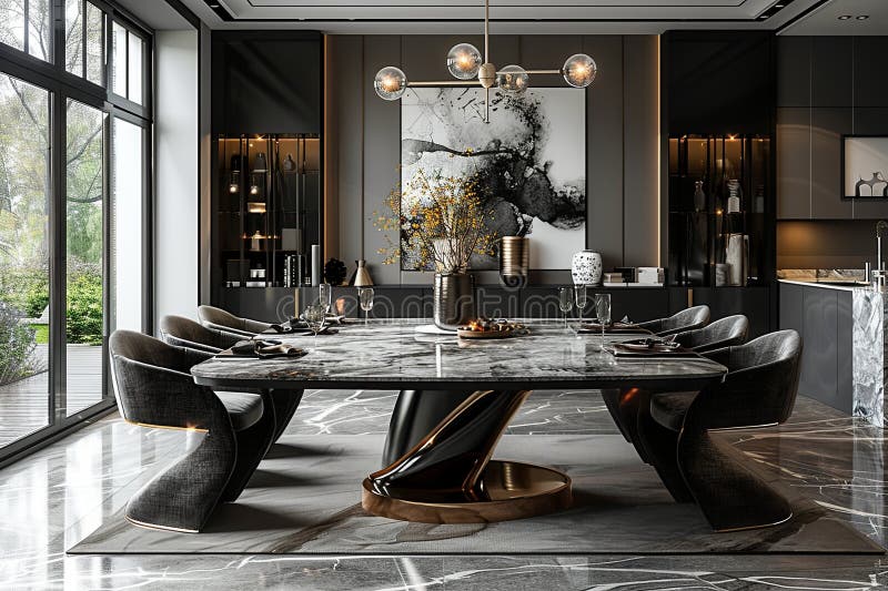 Large Modern Marble Dining Room with a Black and White Abstract ...
