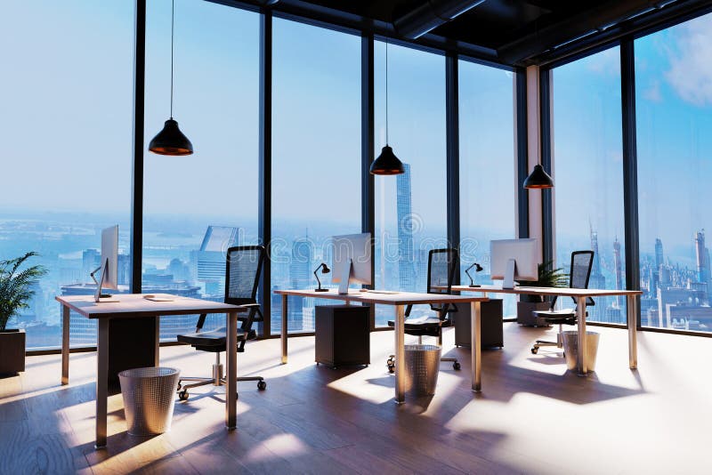 Large Modern Office with Computer Workplace and Skyline View ...