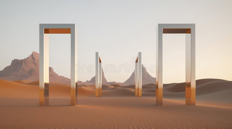 Large, Modern Structures Amidst a Serene, Sandy Desert Landscape during ...