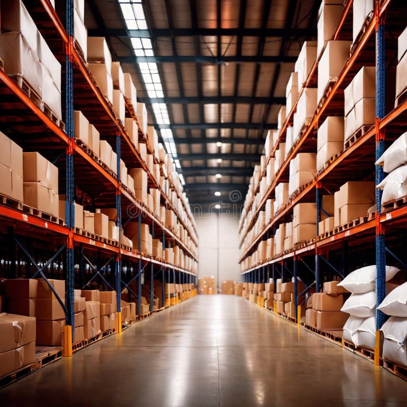 Large Modern Warehouse with Boxes and Sacks for Storage in Industrial ...