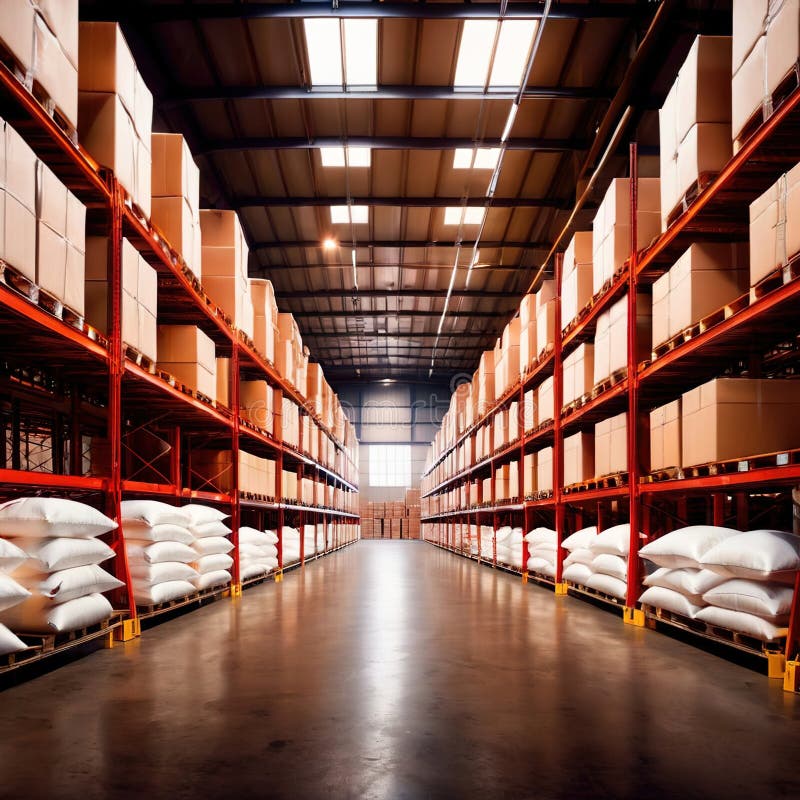 Large Modern Warehouse with Boxes and Sacks for Storage in Industrial ...