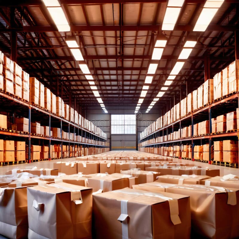 Large Modern Warehouse with Boxes and Sacks for Storage in Industrial ...