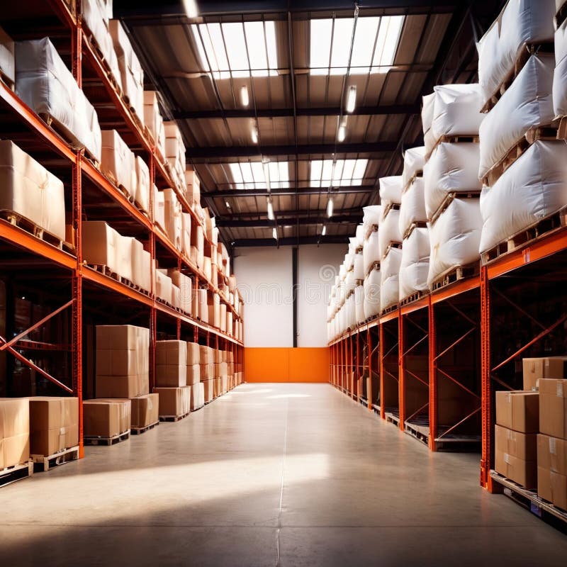Large Modern Warehouse with Boxes and Sacks for Storage in Industrial ...