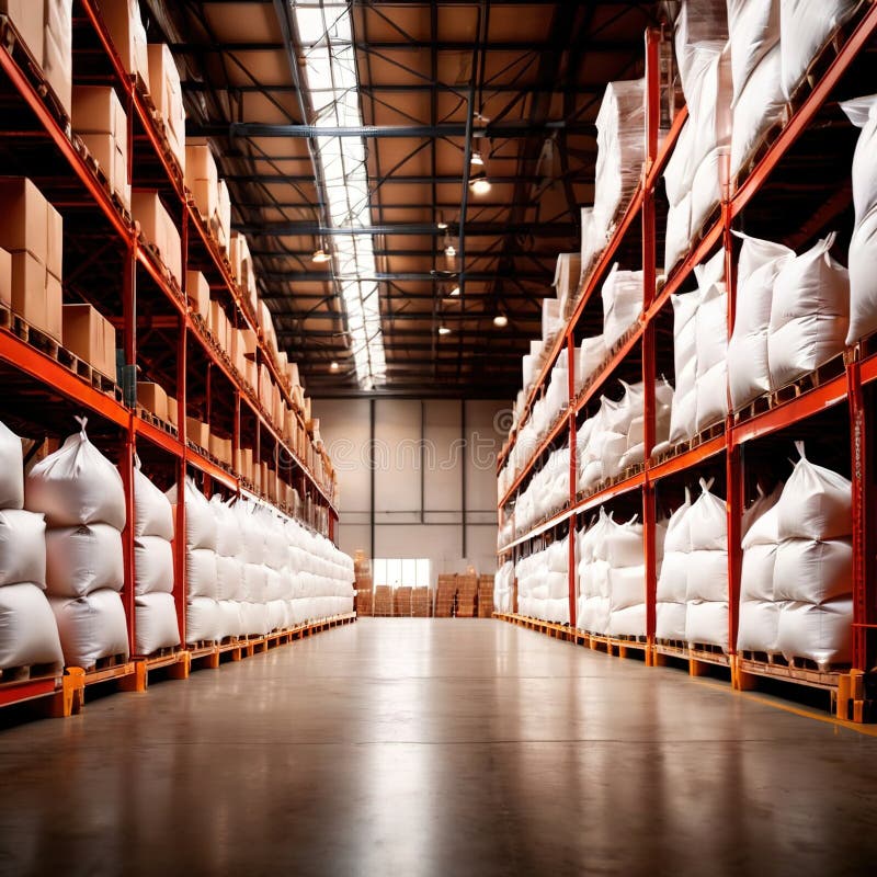 Large Modern Warehouse with Boxes and Sacks for Storage in Industrial ...
