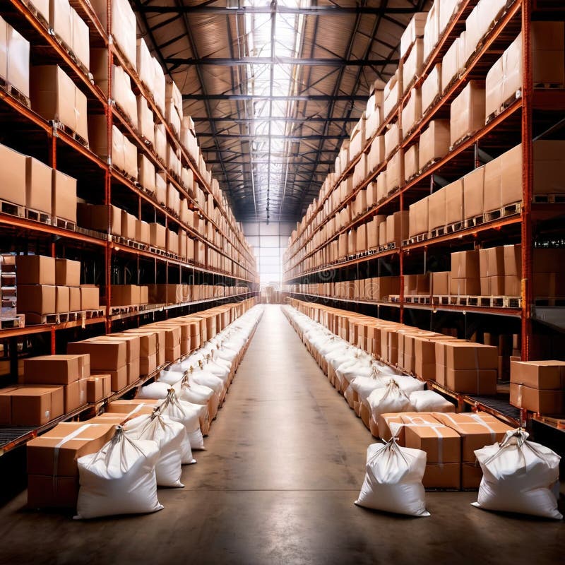 Large Modern Warehouse with Boxes and Sacks for Storage in Industrial ...