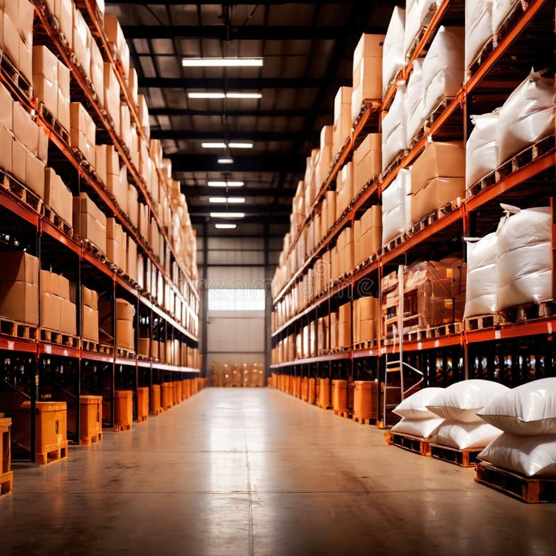 Large Modern Warehouse with Boxes and Sacks for Storage in Industrial ...