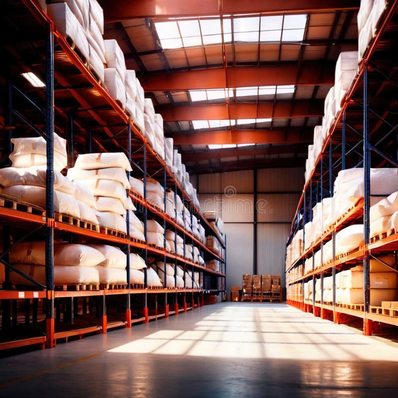 Large Modern Warehouse with Boxes and Sacks for Storage in Industrial ...