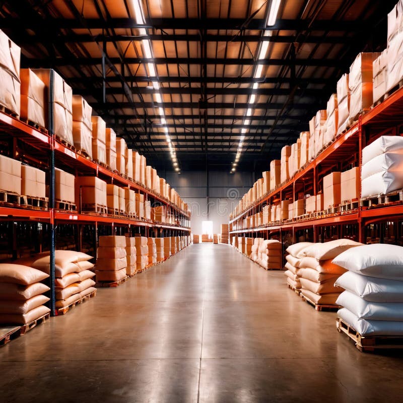 Large Modern Warehouse with Boxes and Sacks for Storage in Industrial ...