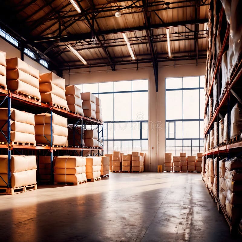 Large Modern Warehouse with Boxes and Sacks for Storage in Industrial ...