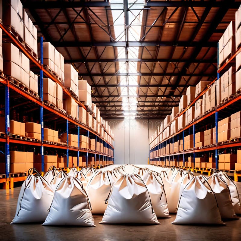 Large Modern Warehouse with Boxes and Sacks for Storage in Industrial ...