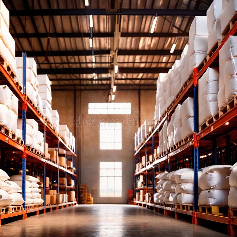 Large Modern Warehouse with Boxes and Sacks for Storage in Industrial ...