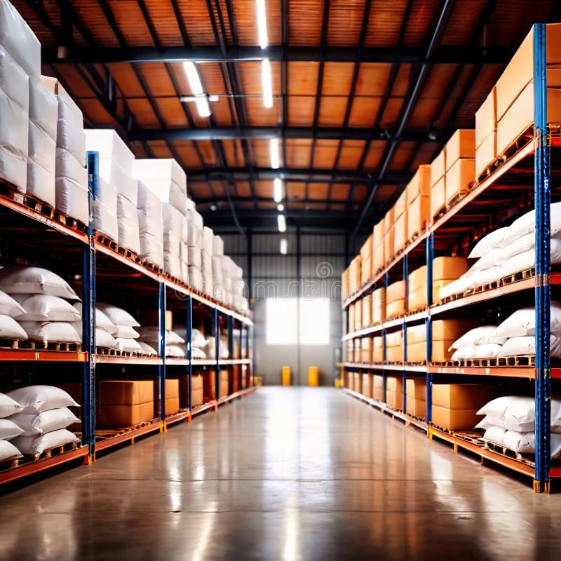 Large Modern Warehouse with Boxes and Sacks for Storage in Industrial ...