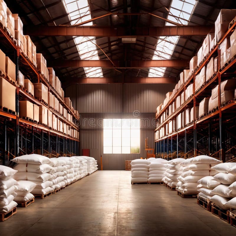 Large Modern Warehouse with Boxes and Sacks for Storage in Industrial ...