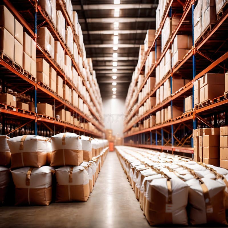 Large Modern Warehouse with Boxes and Sacks for Storage in Industrial ...