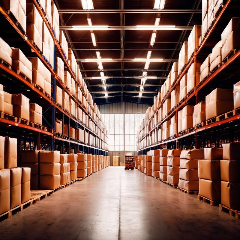 Large Modern Warehouse with Boxes and Sacks for Storage in Industrial ...