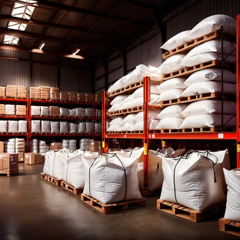 Large Modern Warehouse with Boxes and Sacks for Storage in Industrial ...