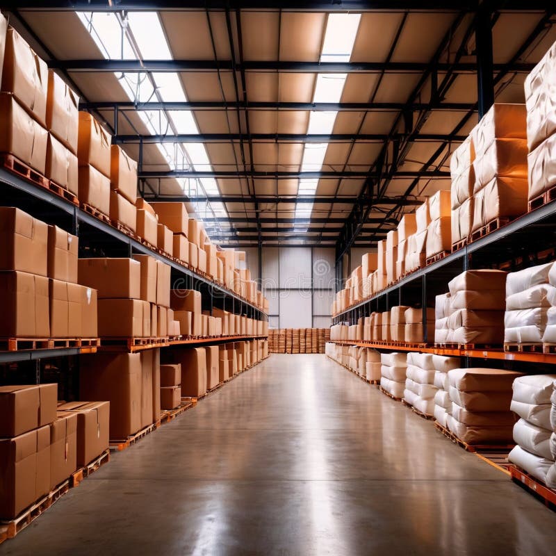 Large Modern Warehouse with Boxes and Sacks for Storage in Industrial ...