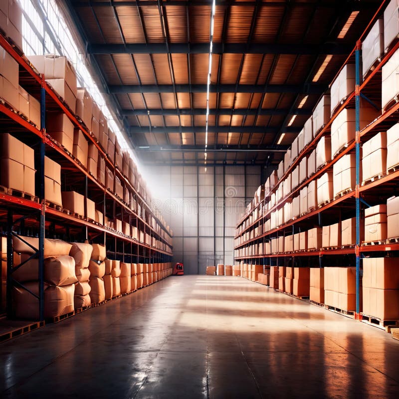 Large Modern Warehouse with Boxes and Sacks for Storage in Industrial ...