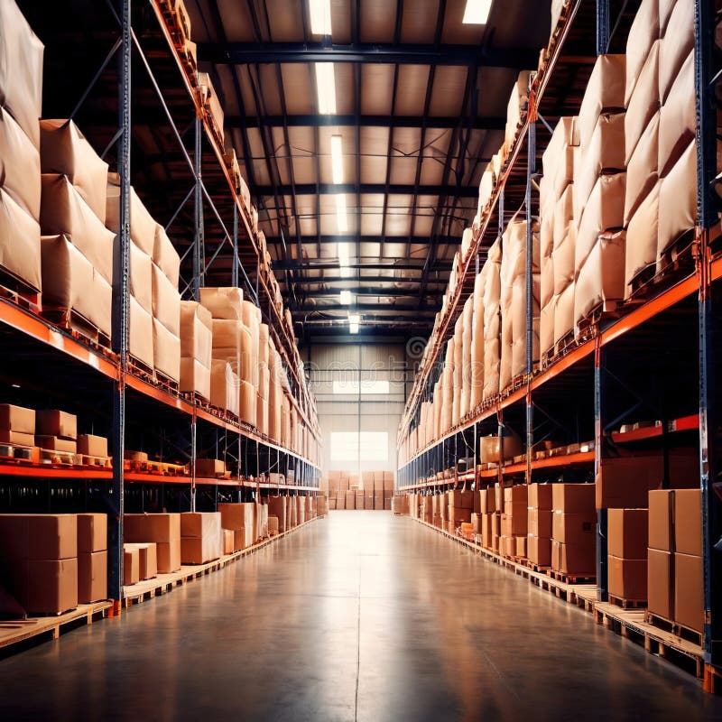 Large Modern Warehouse with Boxes and Sacks for Storage in Industrial ...