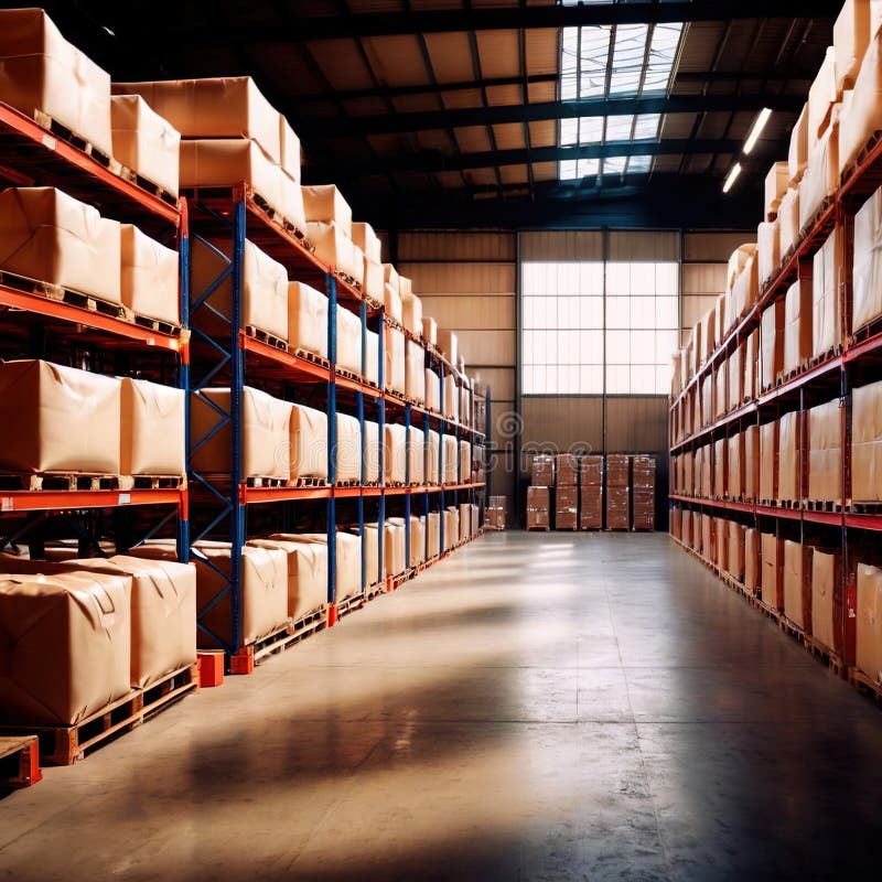 Large Modern Warehouse with Boxes and Sacks for Storage in Industrial ...