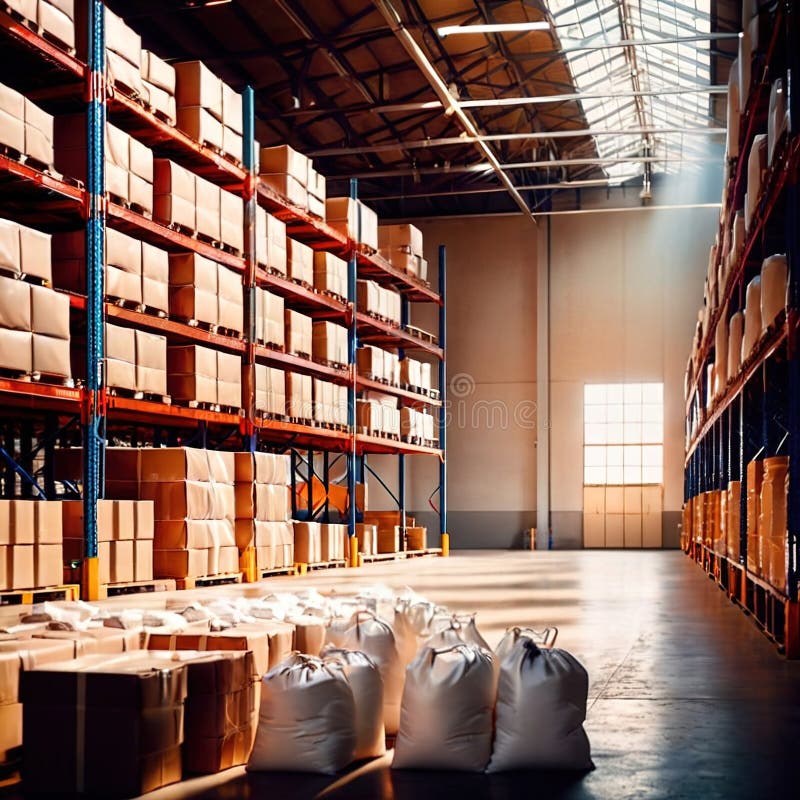 Large Modern Warehouse with Boxes and Sacks for Storage in Industrial ...