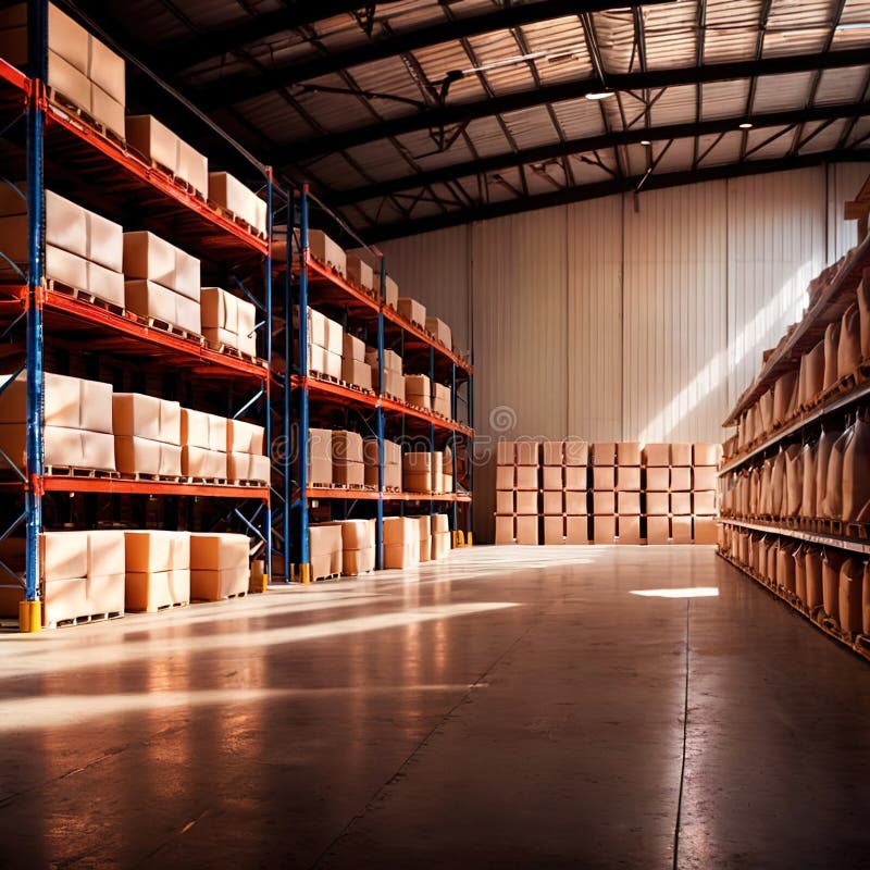 Large Modern Warehouse with Boxes and Sacks for Storage in Industrial ...