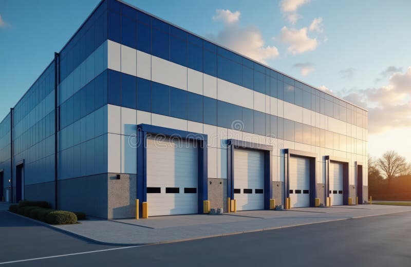 Large Modern Warehouse Exterior with Loading Bays. Blue, White Design ...