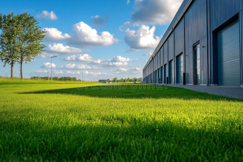 Large Modern Warehouse Surrounded by Green Grass in Industrial Park ...